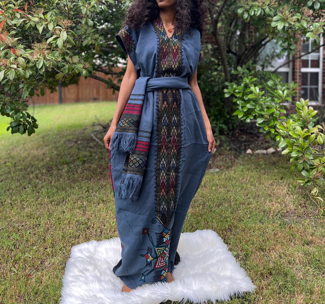 Lakomelza Tilfs • Ethiopian Wollo Raya Fabric Dark Blue Dress - Etsy