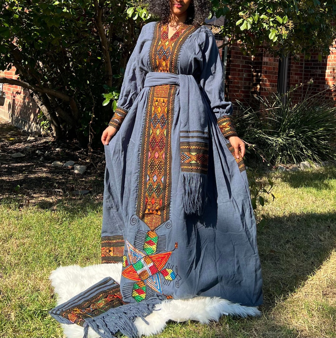 Lakomelza Tilfs • Ethiopian Wollo Amhara Raya Fabric Dark Blue Dress - Etsy