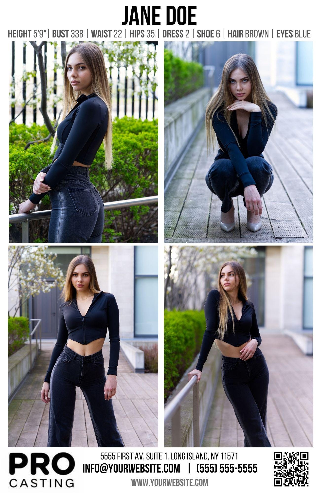 Model Comp Card Template for Casting and Modeling Editable in Canva 5.5 ...