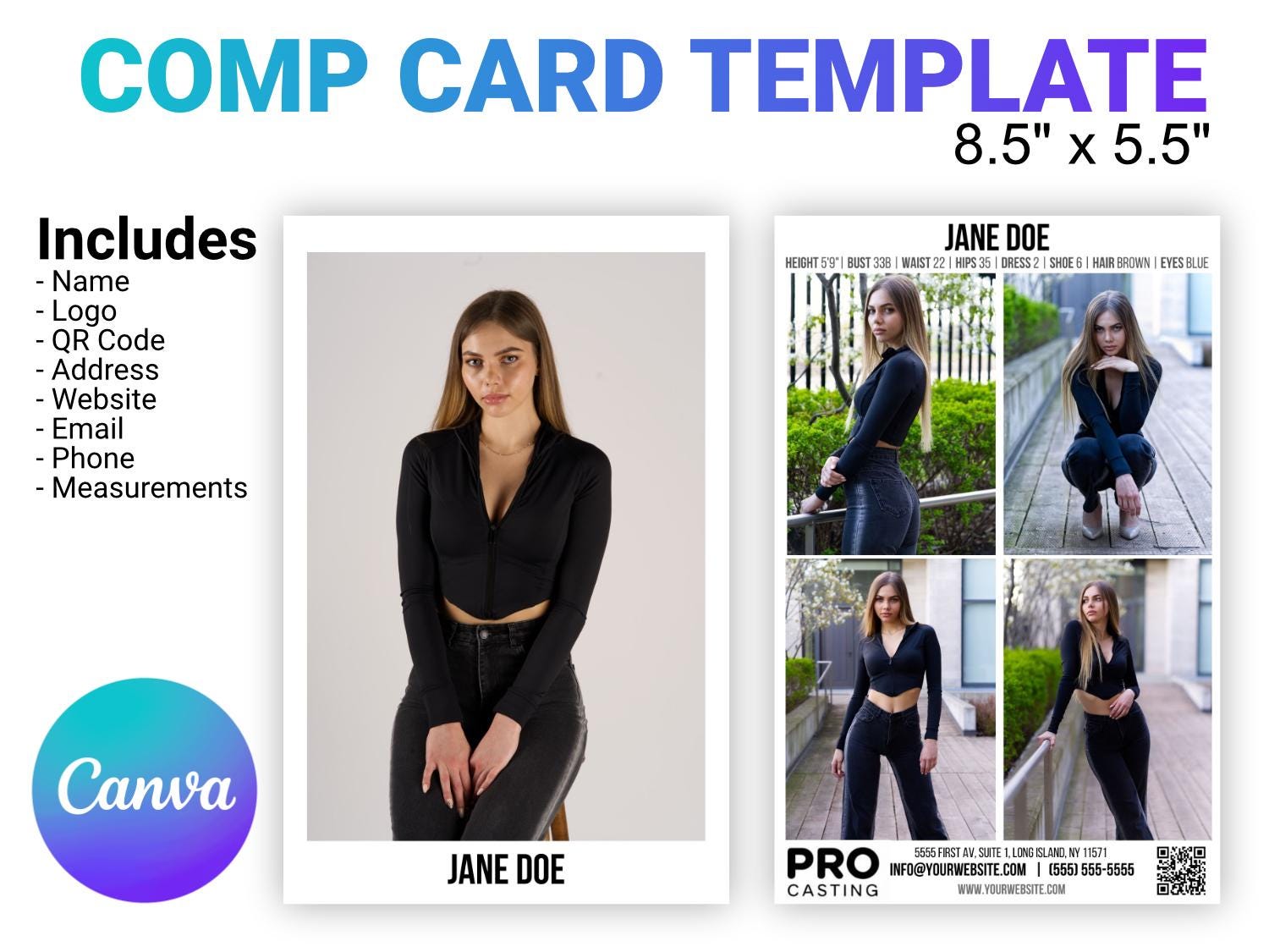 Model Comp Card Template for Casting and Modeling Editable in Canva 5.5 ...