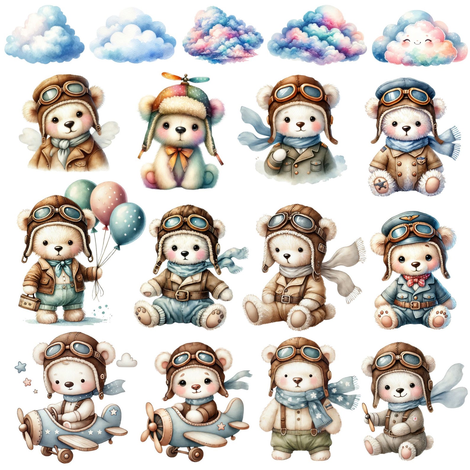 Pilot Teddy Bears Clipart, Bear Watercolor Clipart, Aviator Bear ...
