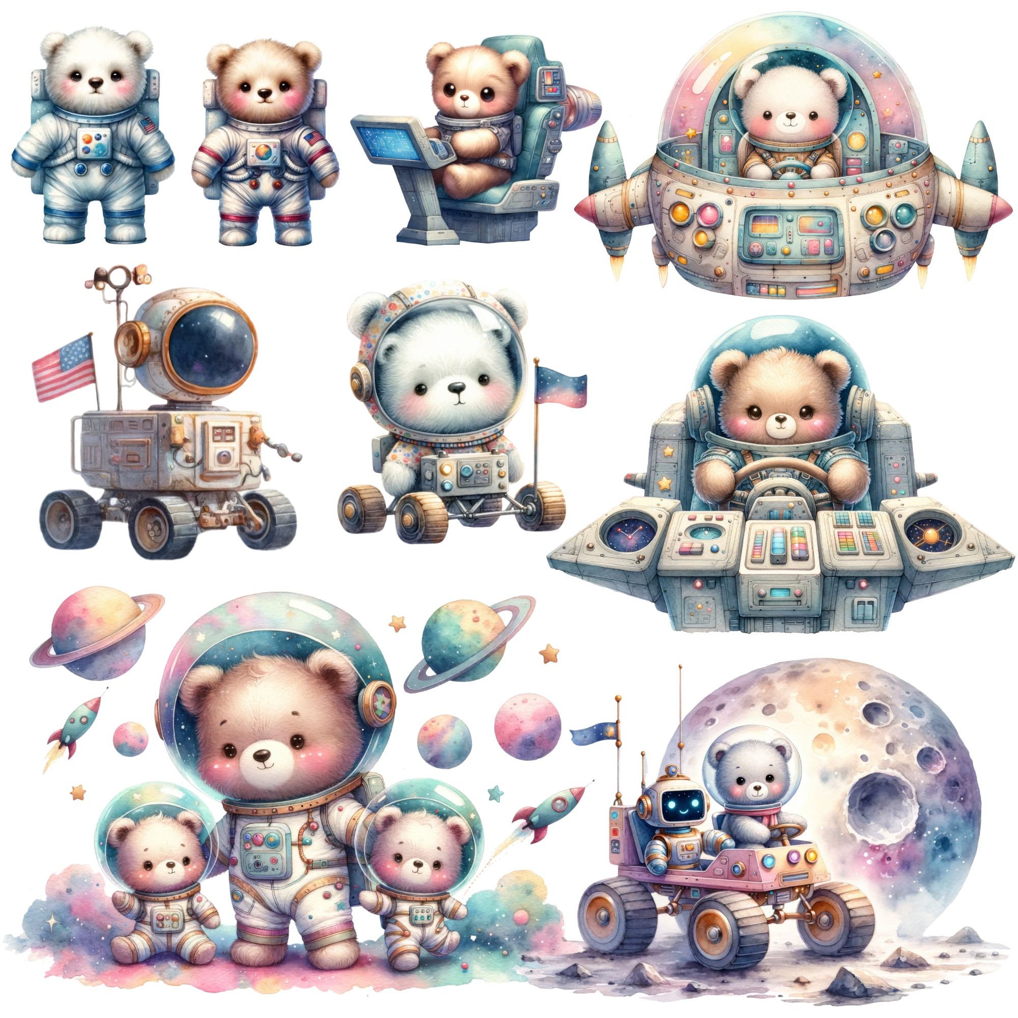Teddy Bear Astronaut Clipart, Bear Watercolor Clipart, Astronaut ...