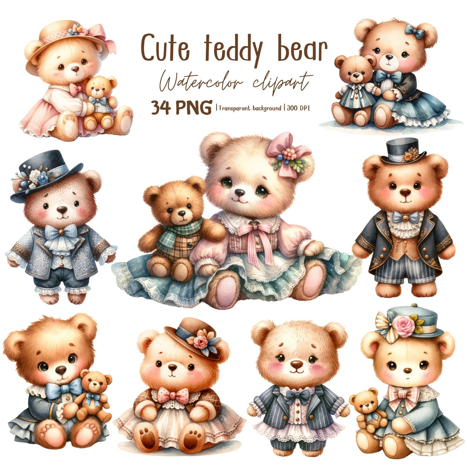 Cute Teddy Bear Watercolor Clipart, Baby Bear PNG, Watercolor Nursery ...