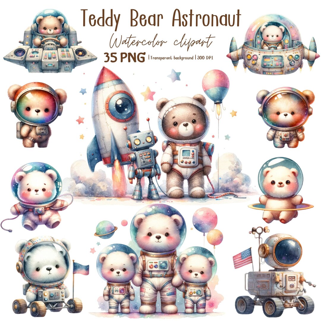 Teddy Bear Astronaut Clipart, Bear Watercolor Clipart, Astronaut ...