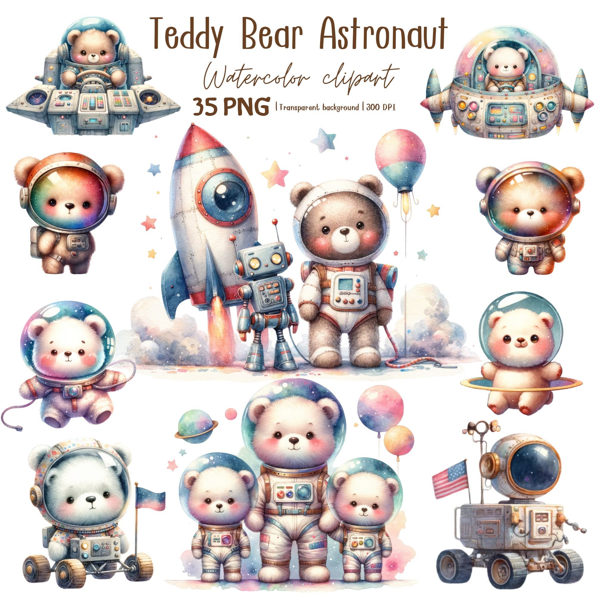 Teddy Bear Astronaut Clipart, Bear Watercolor Clipart, Astronaut ...