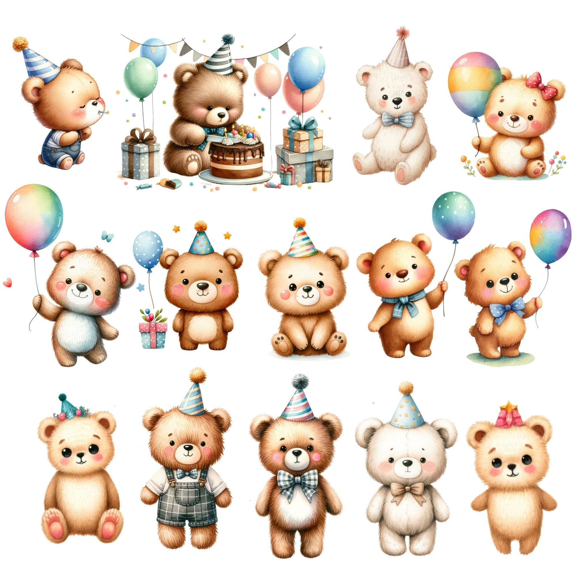 Teddy Bear Watercolor Birthday Clipart, Cute Bear Birthday Party Theme ...