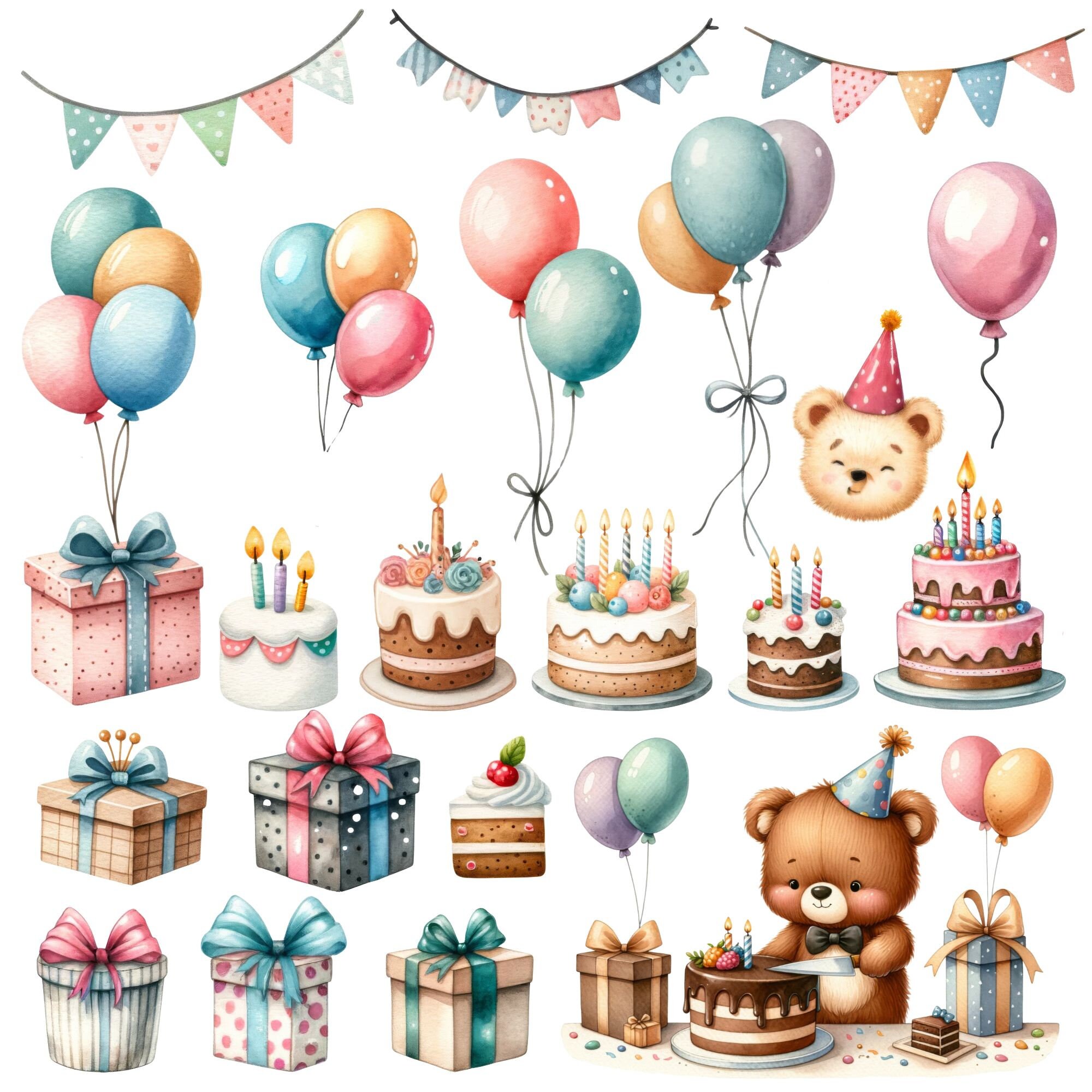 Teddy Bear Watercolor Birthday Clipart, Cute Bear Birthday Party Theme ...