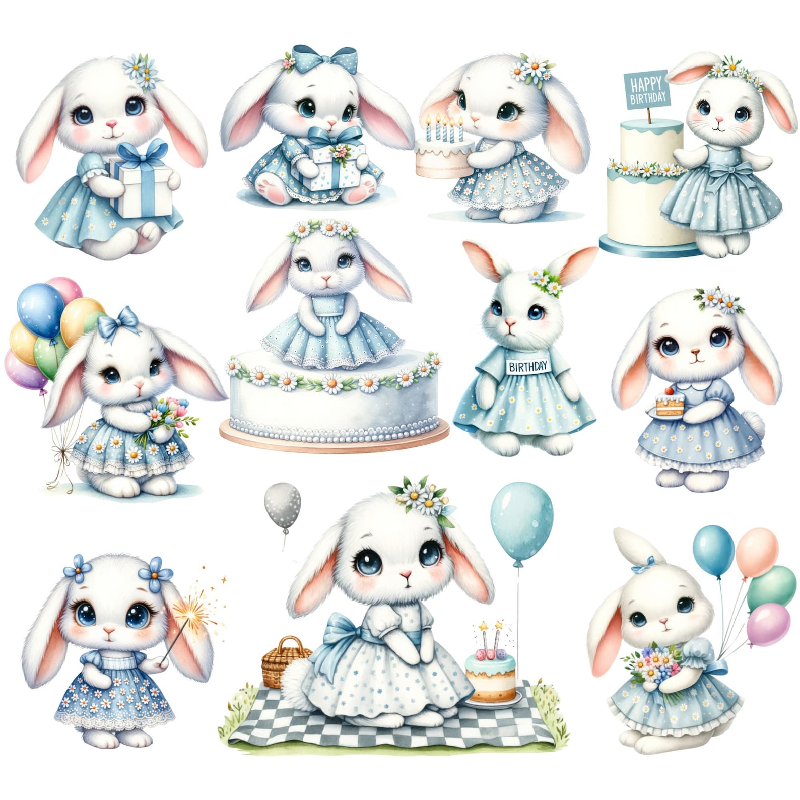 Happy Birthday Bunny Clipart, Birthday Watercolor Clipart, Cute Bunny ...