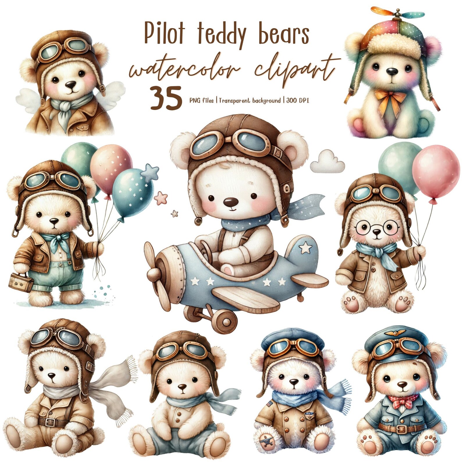 Pilot Teddy Bears Clipart, Bear Watercolor Clipart, Aviator Bear ...