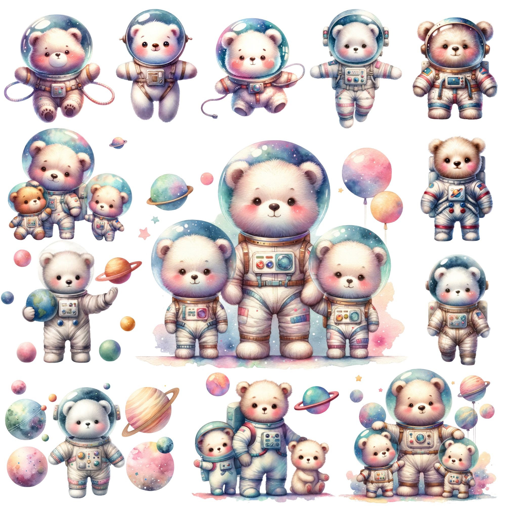 Teddy Bear Astronaut Clipart, Bear Watercolor Clipart, Astronaut ...