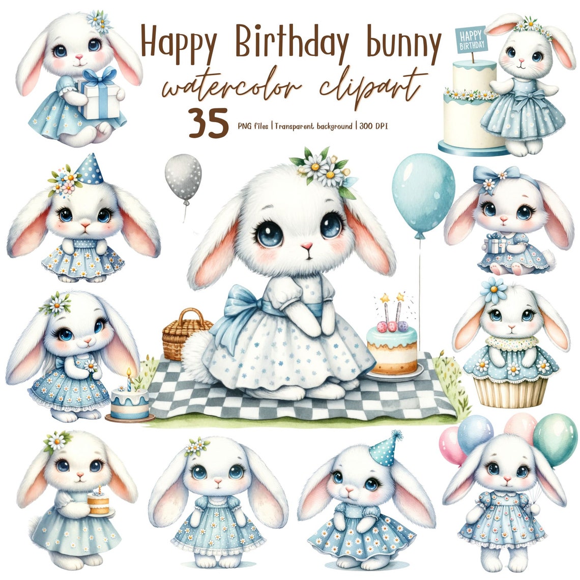 Happy Birthday Bunny Clipart, Birthday Watercolor Clipart, Cute Bunny ...