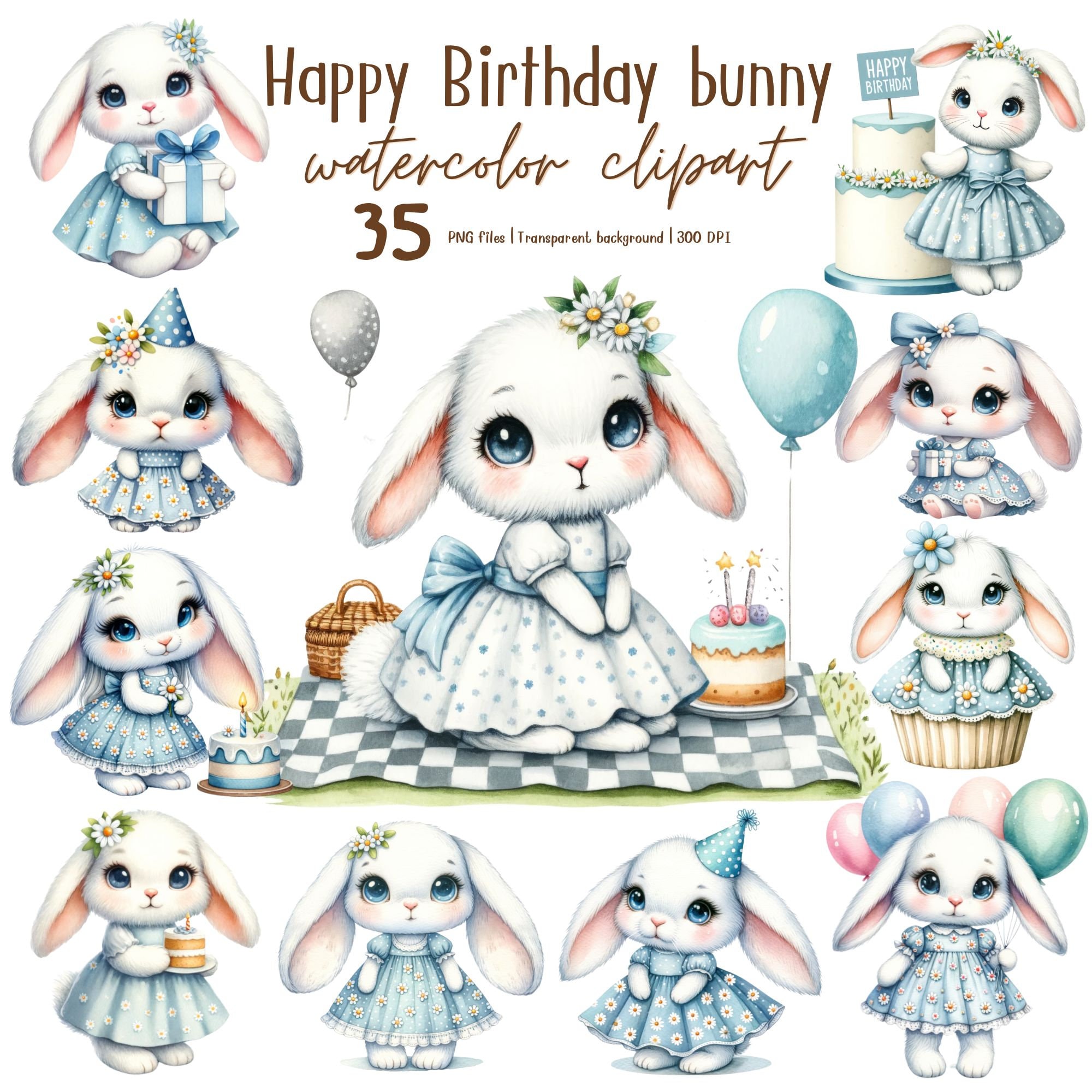 Happy Birthday Bunny Clipart, Birthday Watercolor Clipart, Cute Bunny ...