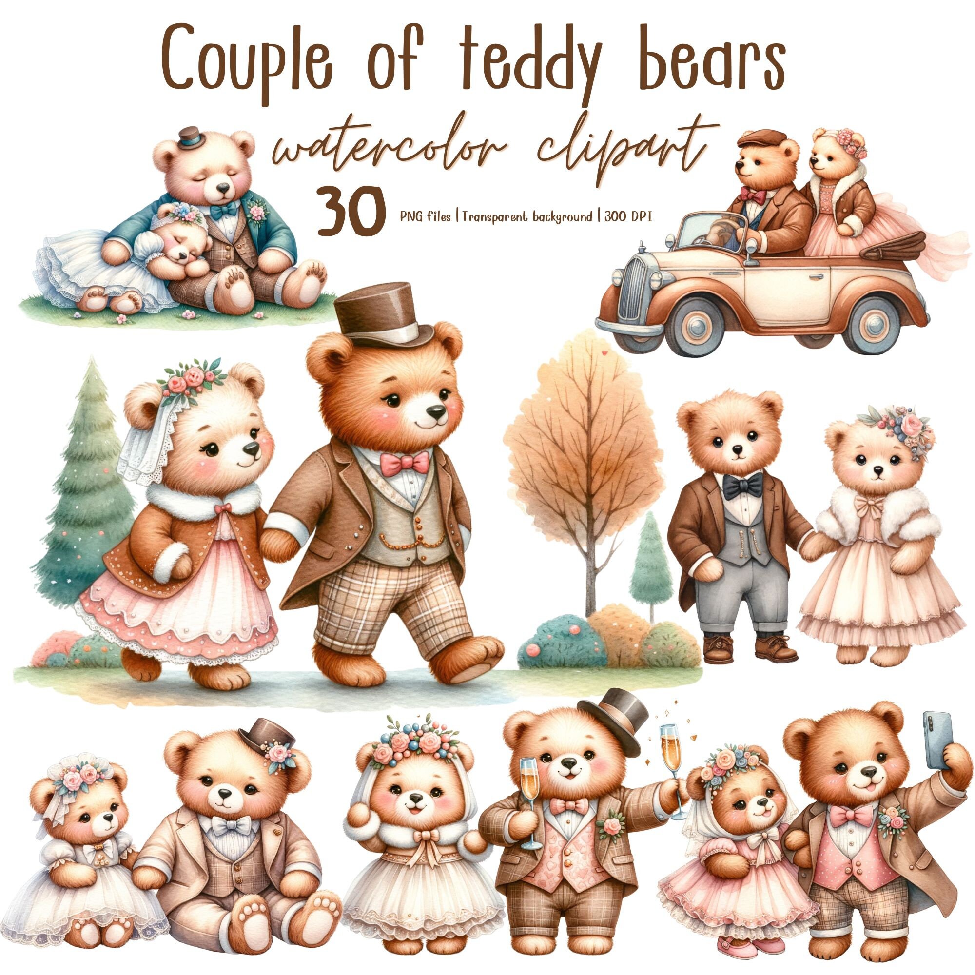Couple of Teddy Bears Watercolor Clipart, Wedding Card, Anniversary ...
