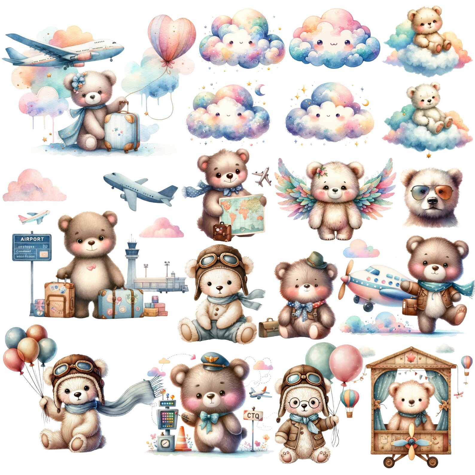 Pilot Teddy Bears Clipart, Bear Watercolor Clipart, Aviator Bear ...