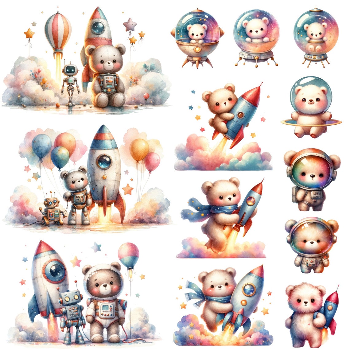 Teddy Bear Astronaut Clipart, Bear Watercolor Clipart, Astronaut ...