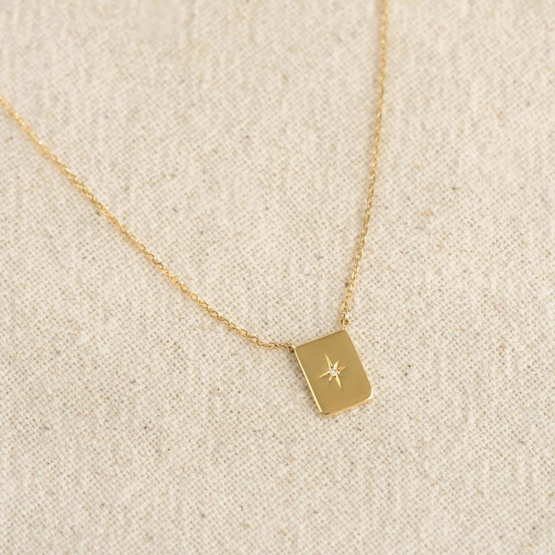 Mini Diamond Tag Necklace, Diamond Star Necklace, 14K Solid Gold ...