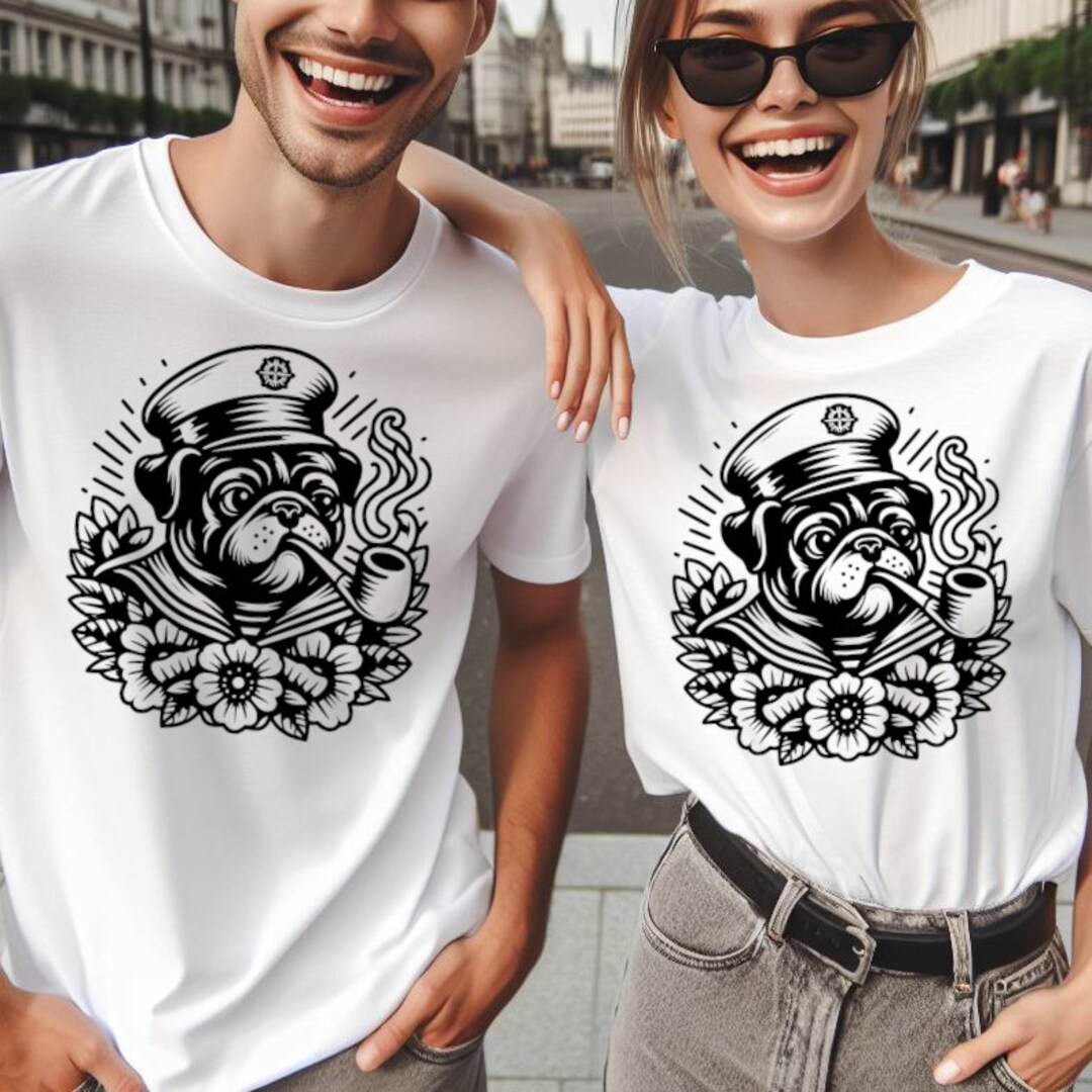 Sailor Pug Smoking a Pipe Floral by Tattees Original Tattoo Art T-shirt ...
