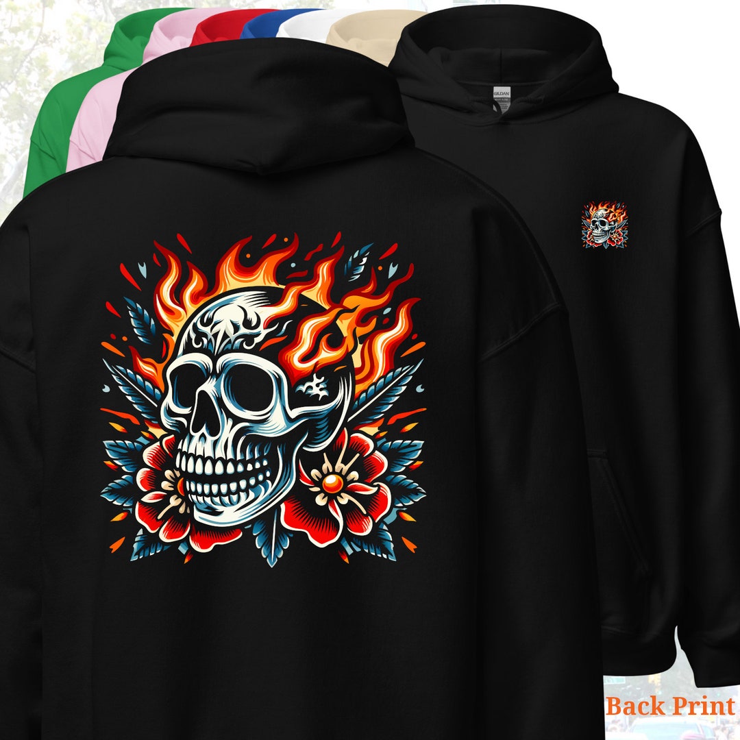 Flaming Skull Hoodie tattoo Design Hoodie, Streetwear, Edgy Hoodie ...