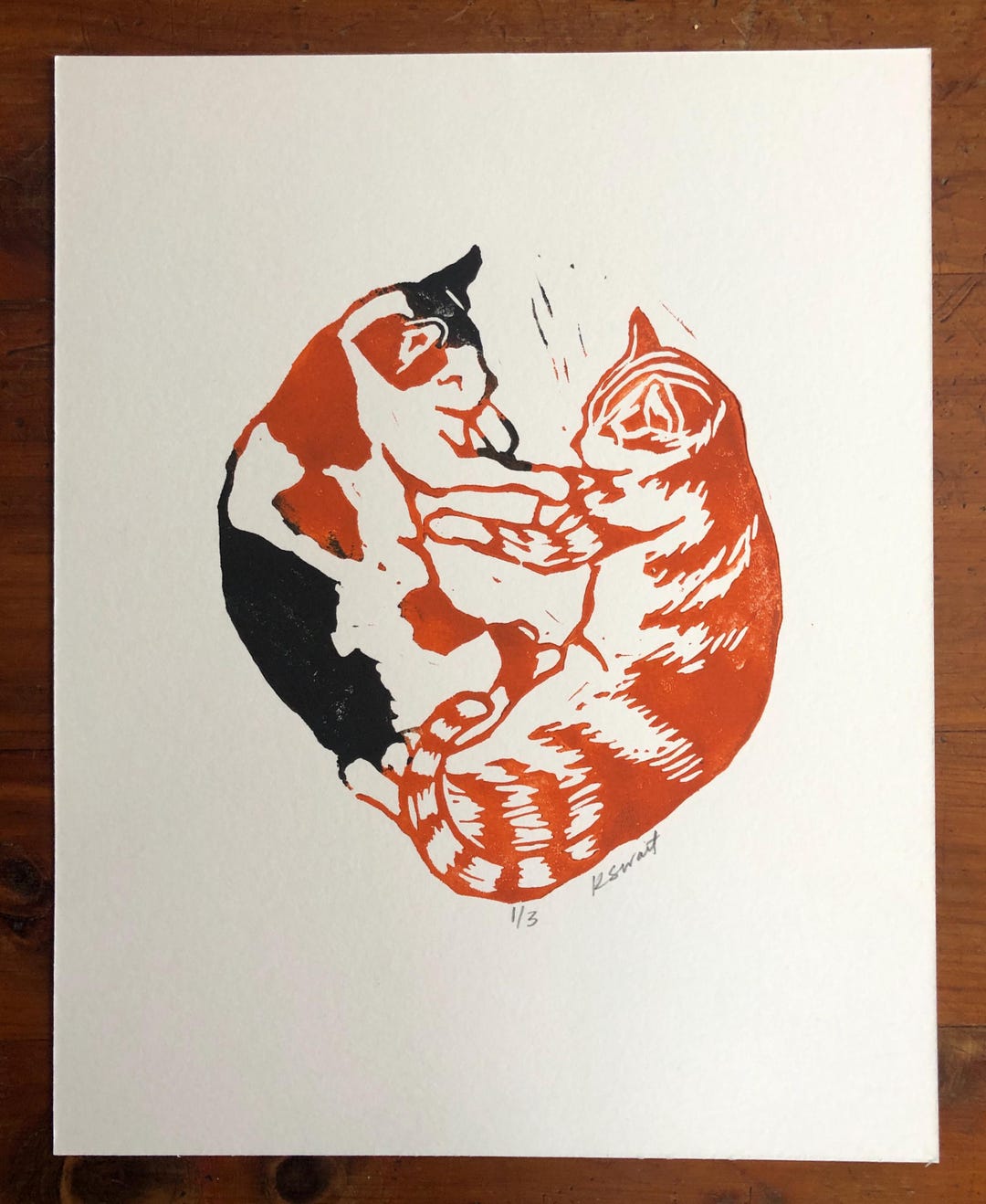 Orange and Calico Cats Block Print Hand Printed Art Gift for Cat Animal ...