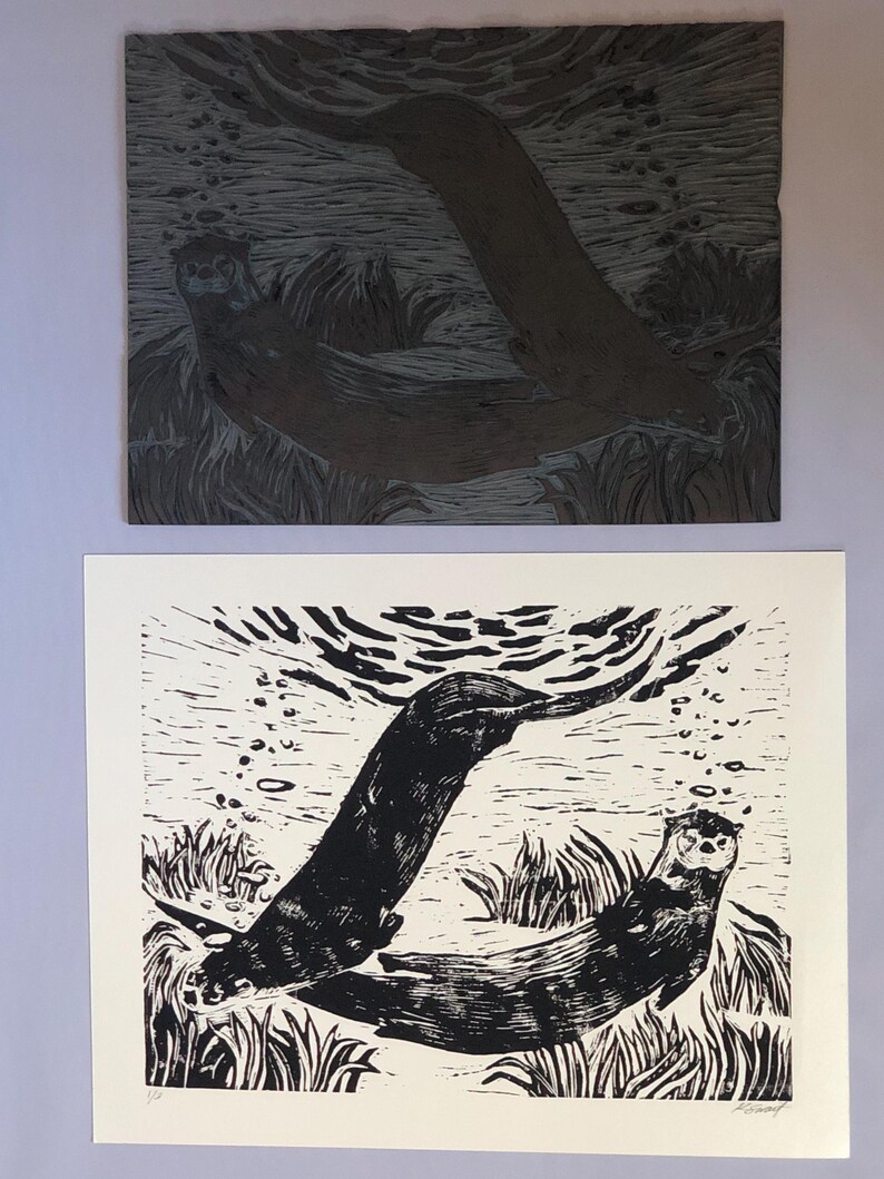 River Otters Block Print Otter Lover Gift Black and White Original Art ...
