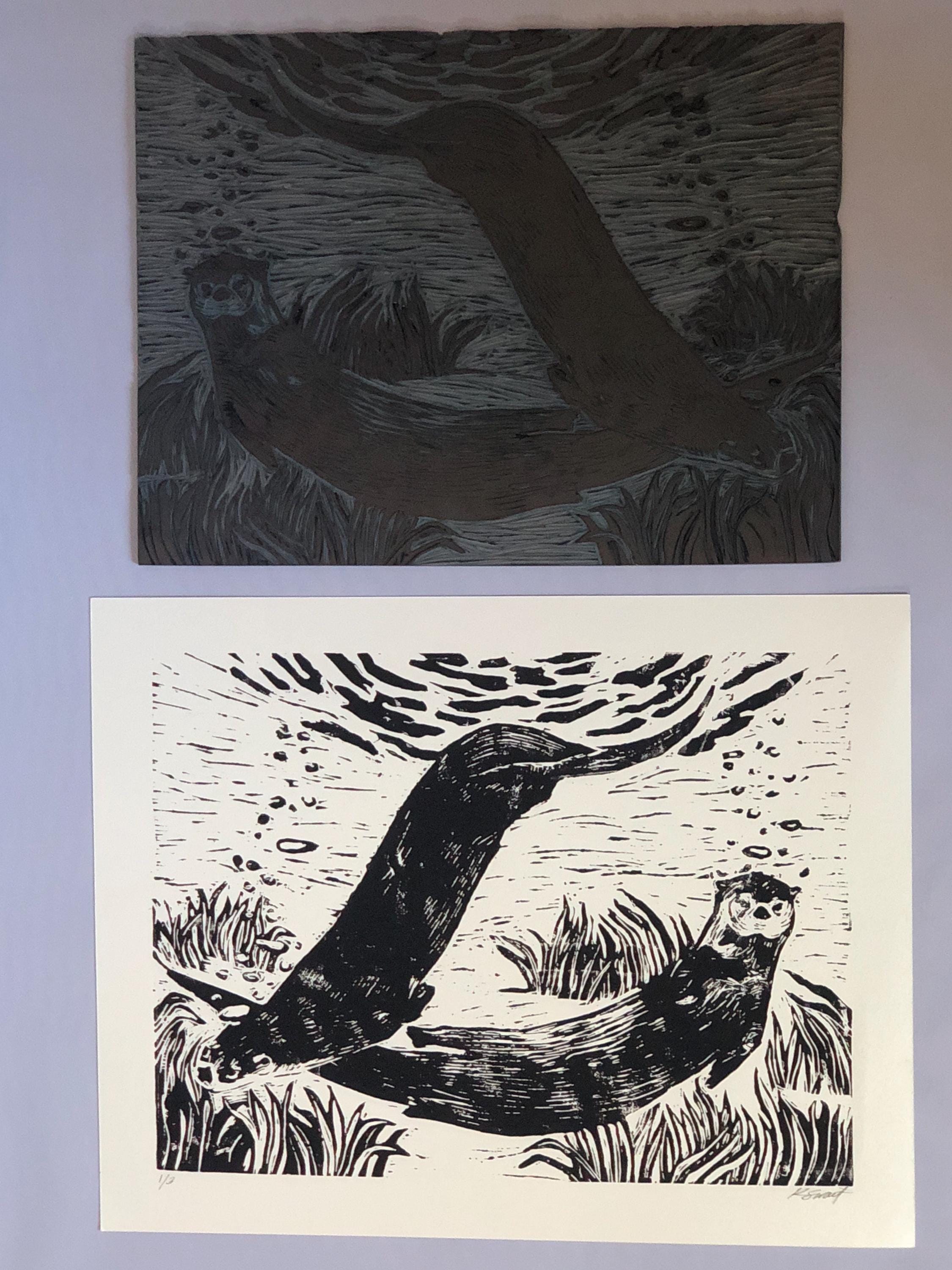 River Otters Block Print Otter Lover Gift Black and White Original Art ...