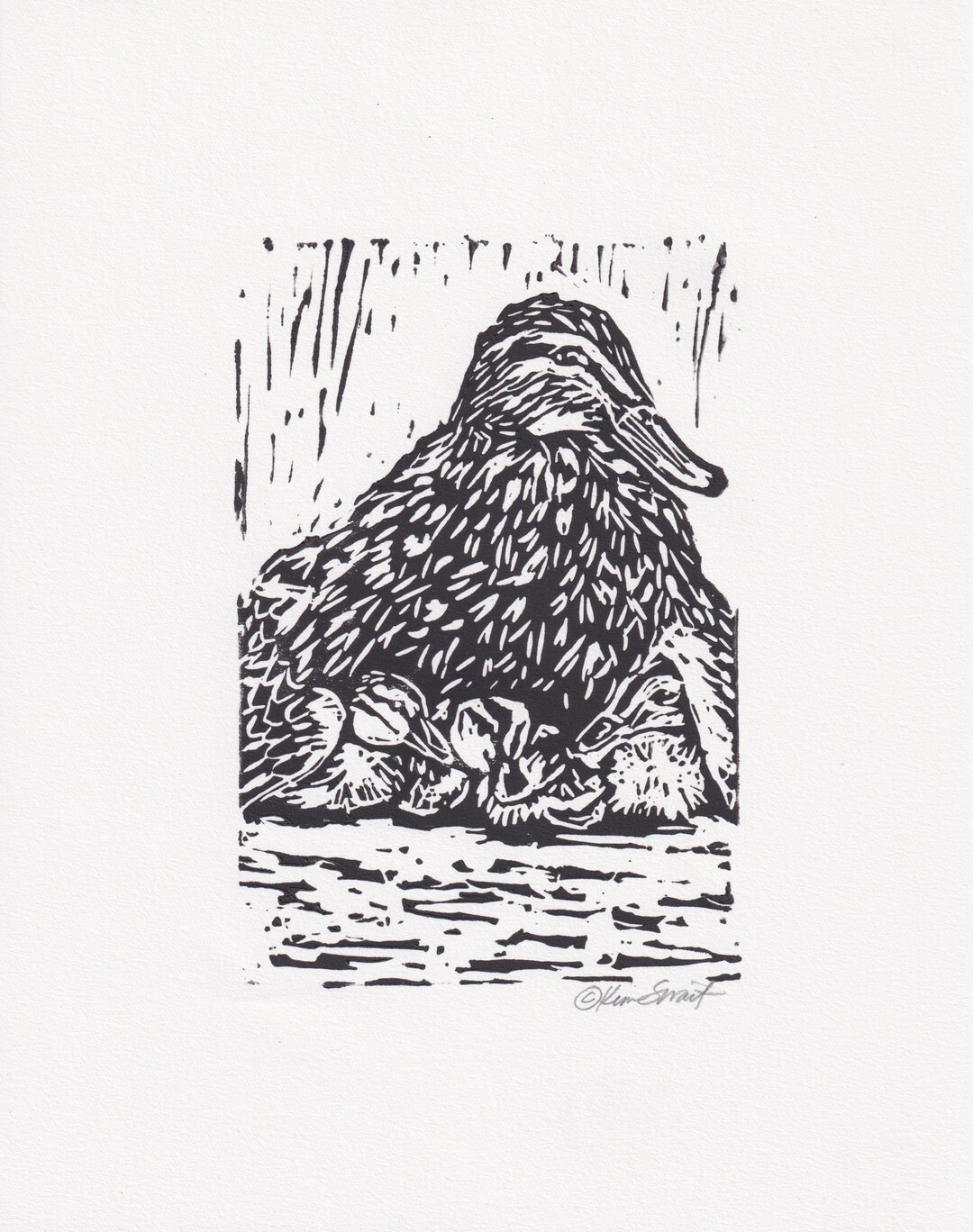 Hand Printed Linocut Mama Duck and Ducklings, Block Print, Original ...