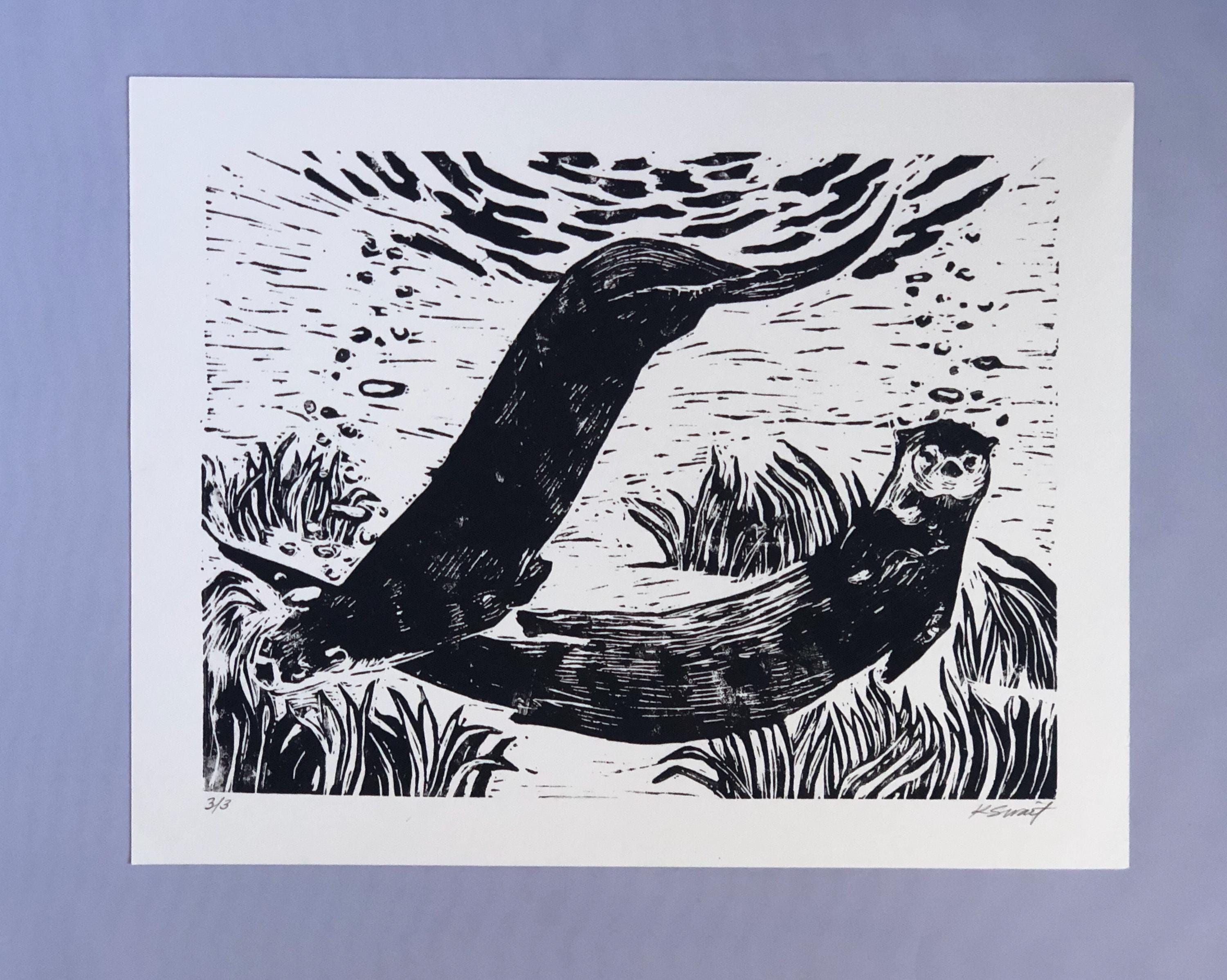 River Otters Block Print Otter Lover Gift Black and White Original Art ...