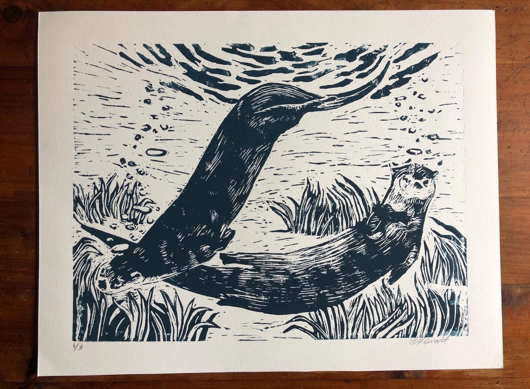 Dark Grey River Otters Block Print Otter Lover Gift Blue and White ...