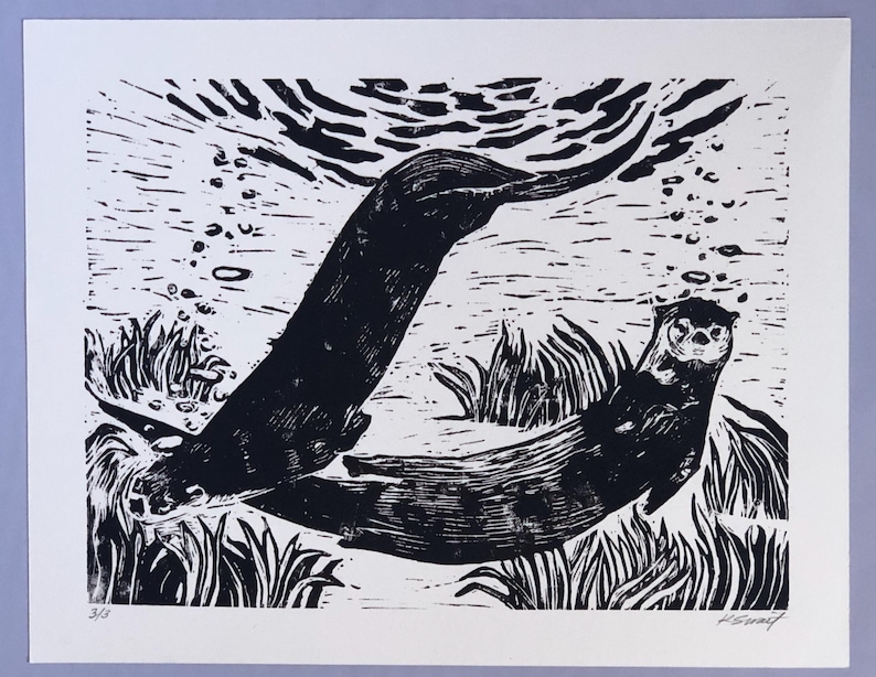 River Otters Block Print Otter Lover Gift Black and White Original Art ...