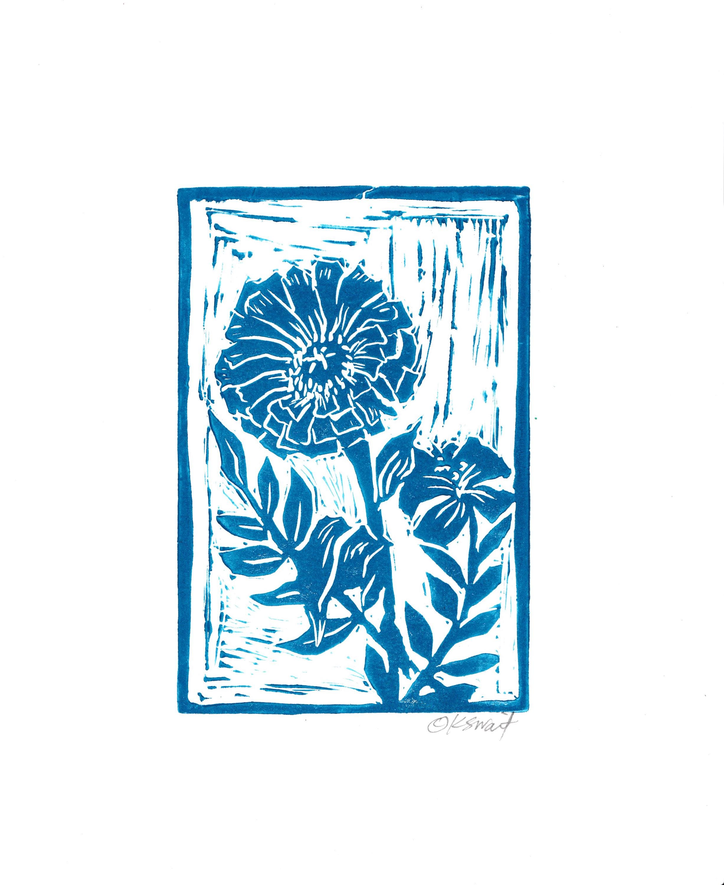 Zinnia and Periwinkle Dark Navy Blue Hand Printed Block Print Floral ...