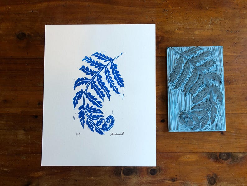 Blue Fern Leaf Hand Printed Block Print Floral Art Flowers Original ...