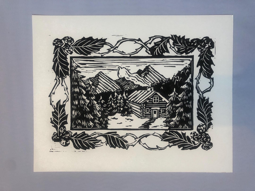 Hand Printed Linocut Cabin in the Woods, Block Print, Original, Black ...