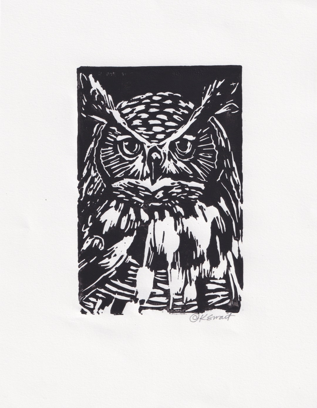 Hand Printed Linocut Owl, Block Print, Original, Owl Lover, Black and ...