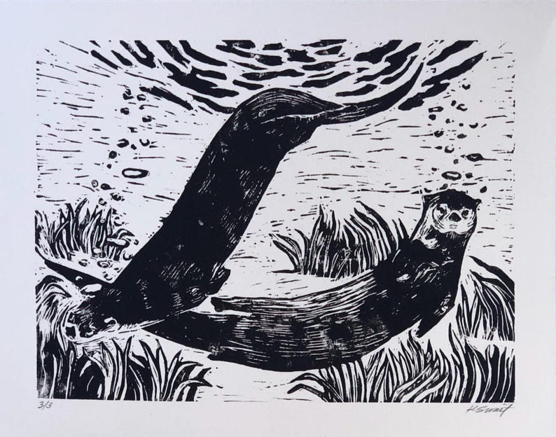 River Otters Block Print Otter Lover Gift Black and White Original Art ...