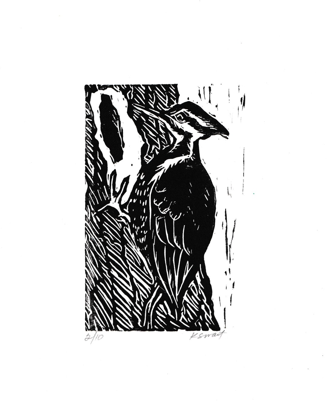 Woodpecker Block Print Original Art Gift Black and White Decor ...