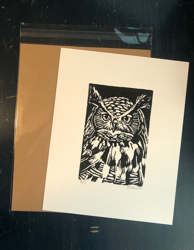 Owl Block Print Original Art Gift Owl Lover Black and White Decor ...