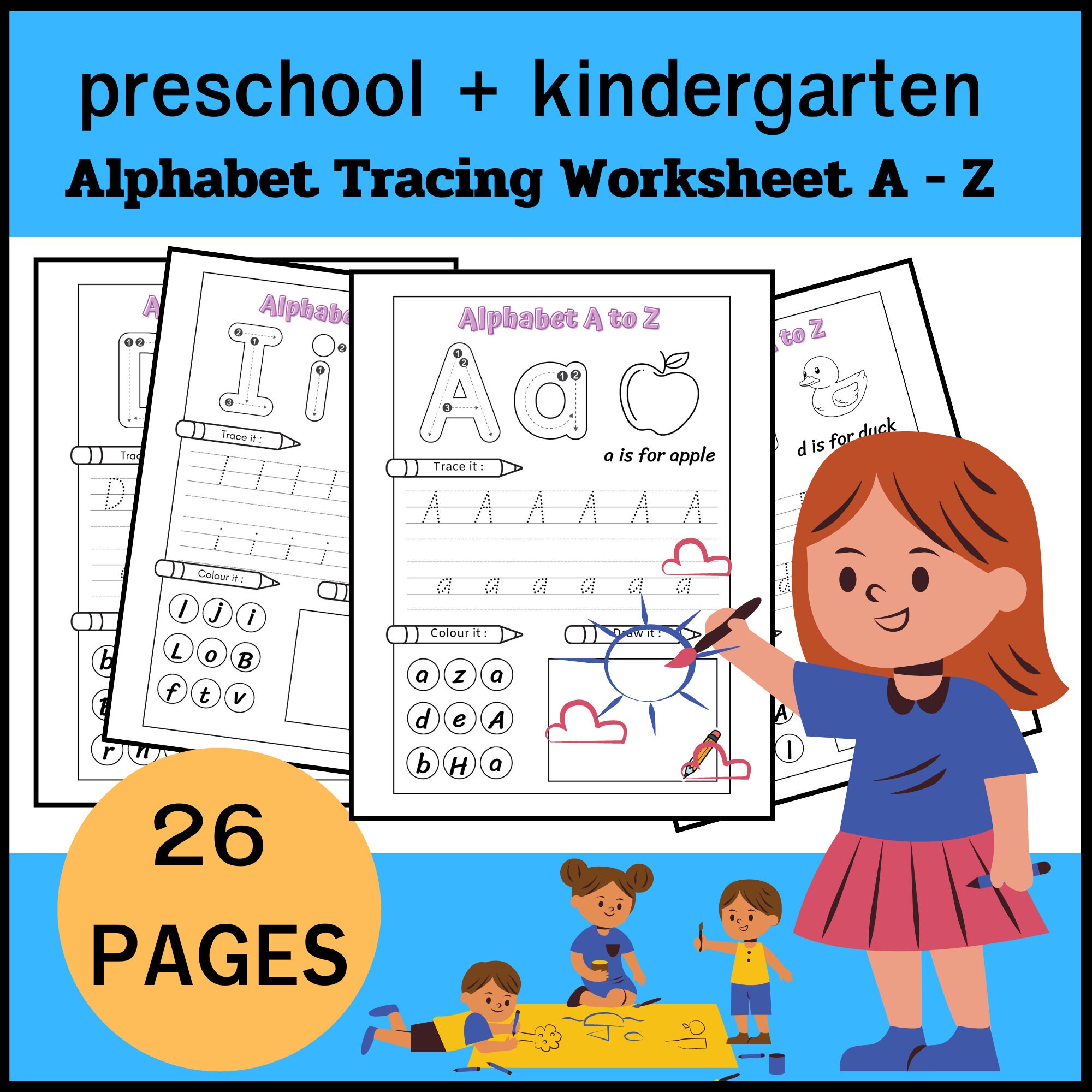 26 Printable Alphabet Letters Worksheets A-Z, Preschool, Kindergarten ...