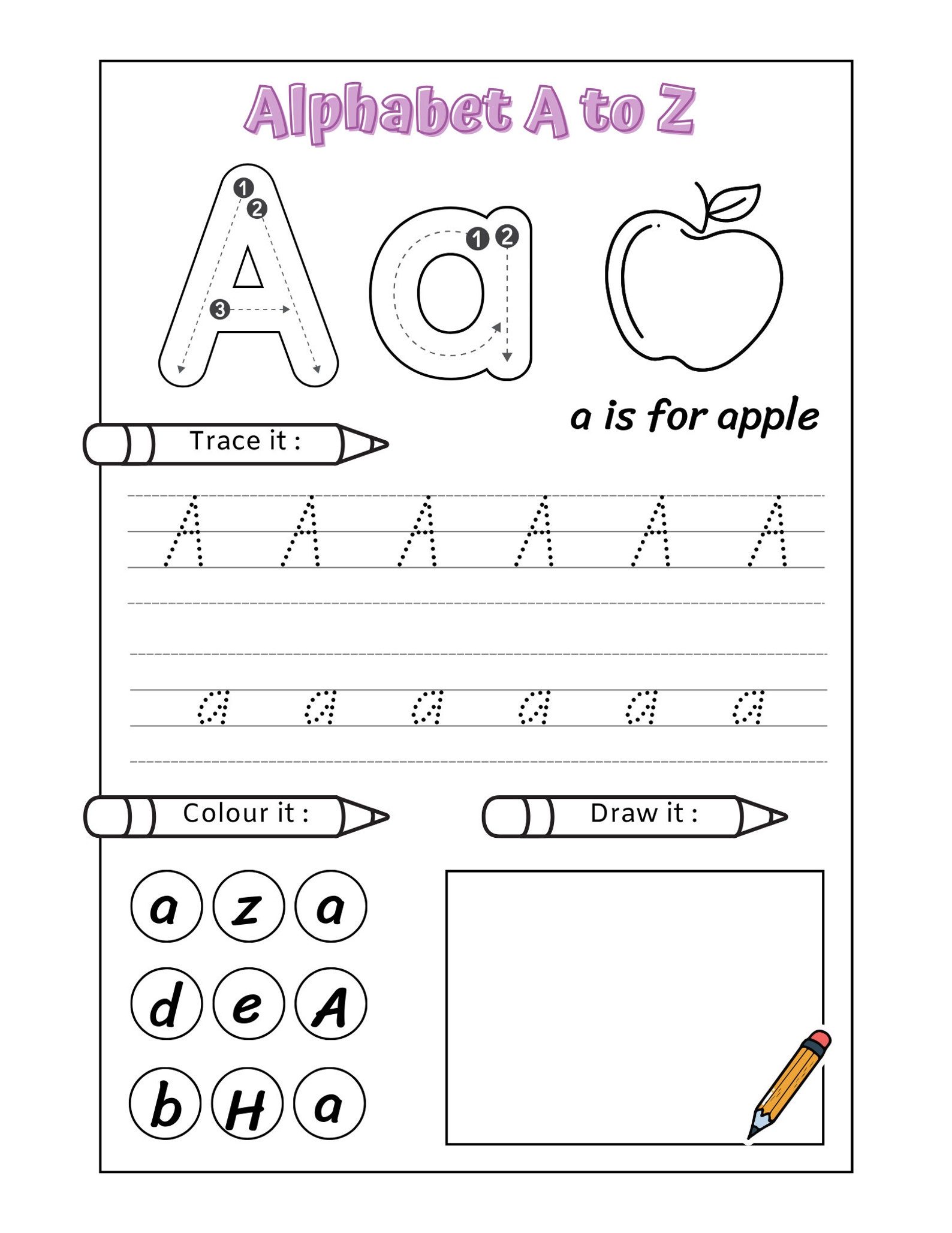 26 Printable Alphabet Letters Worksheets A-Z, Preschool, Kindergarten ...