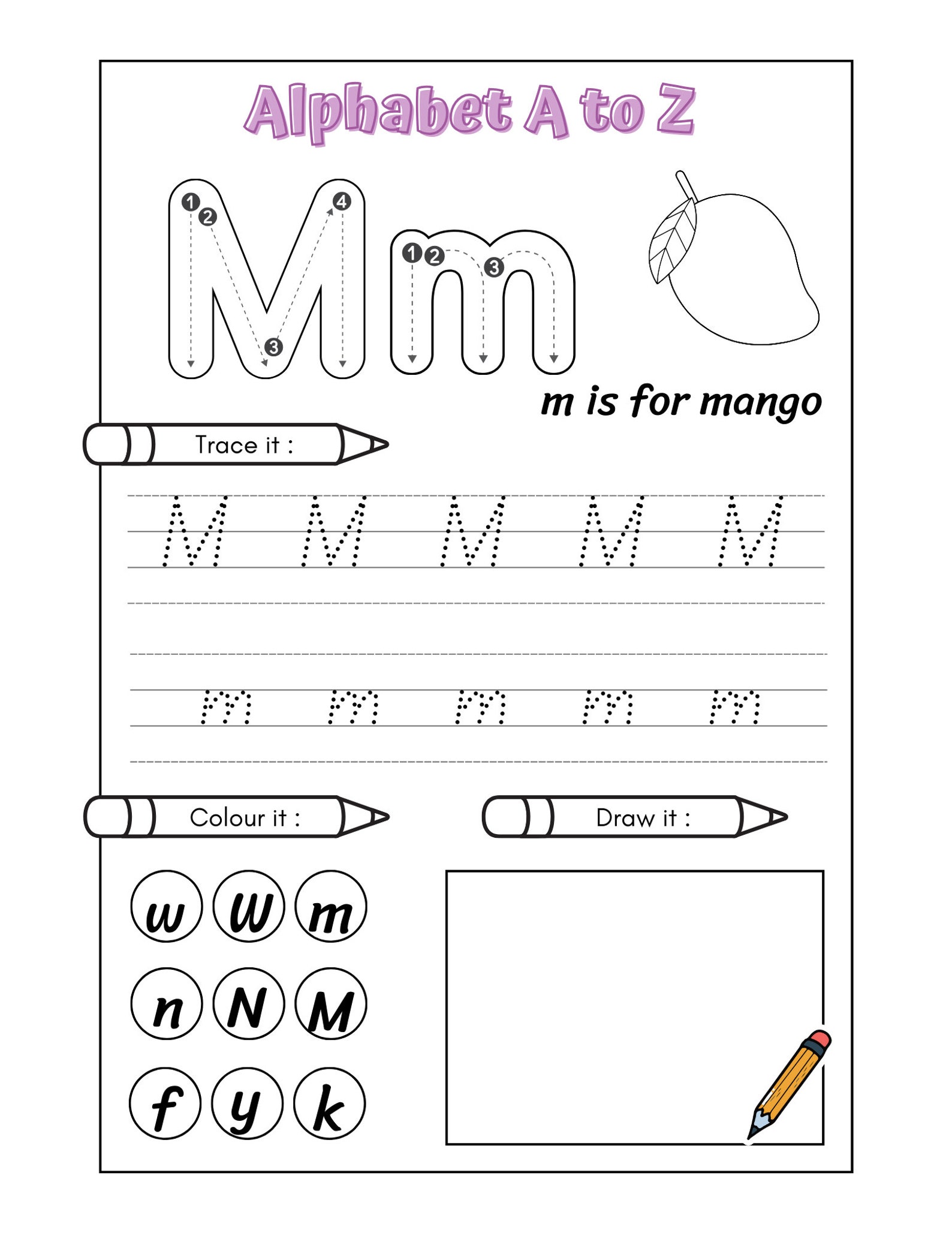 26 Printable Alphabet Letters Worksheets A-Z, Preschool, Kindergarten ...