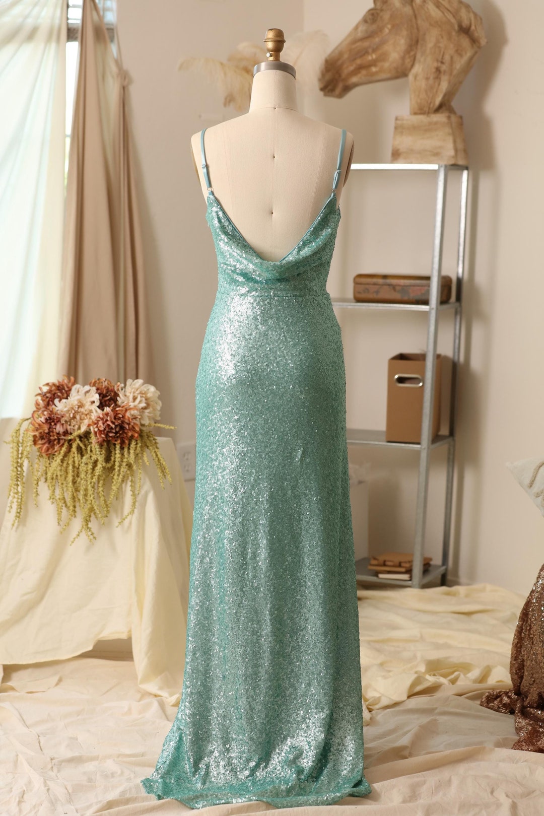 Mint Sequin Formal Dress – Cowl Back, Spaghetti Straps, Floor-length ...