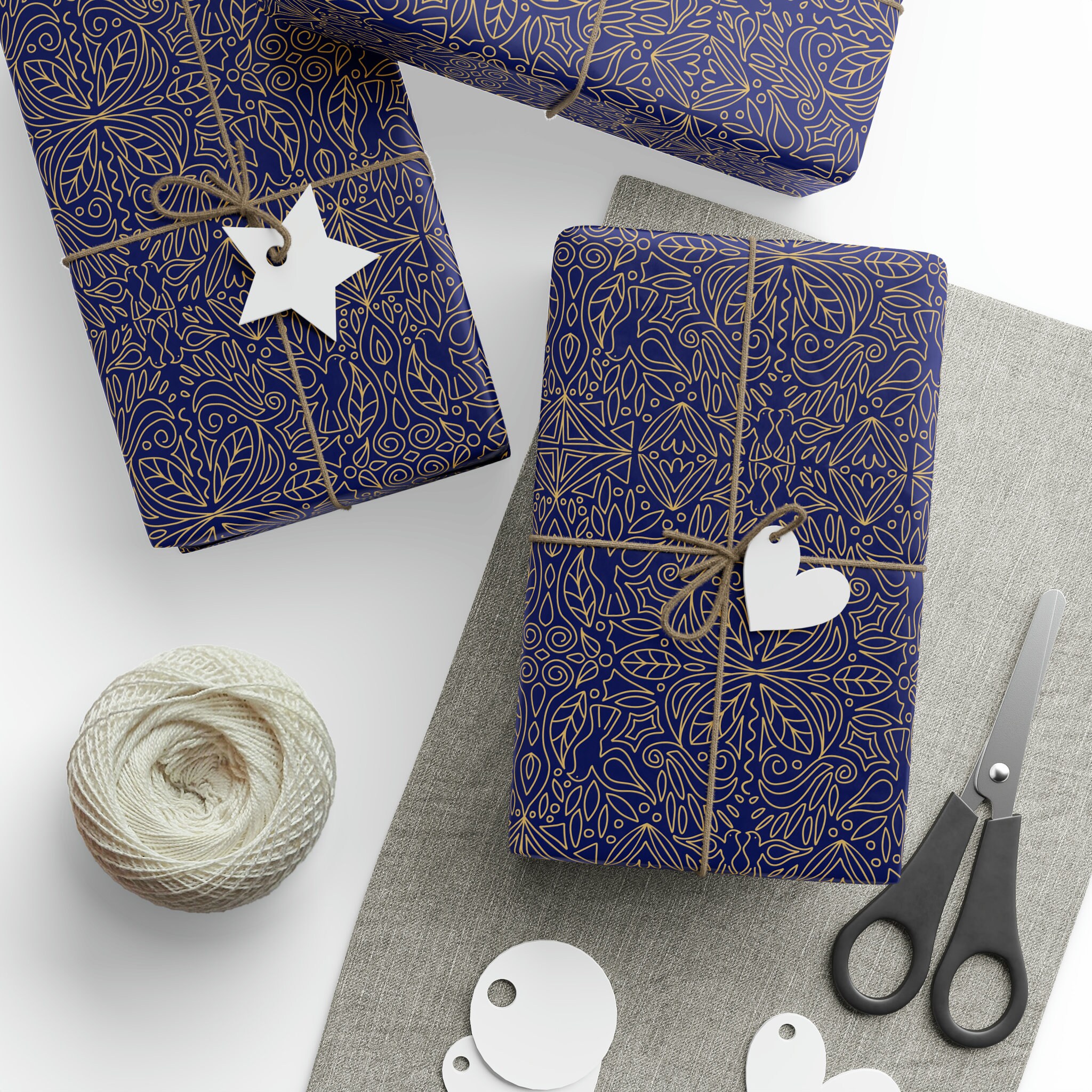 Royal Blue and Gold Romantic Scrollwork Doves and Leaves Gift Wrapping ...