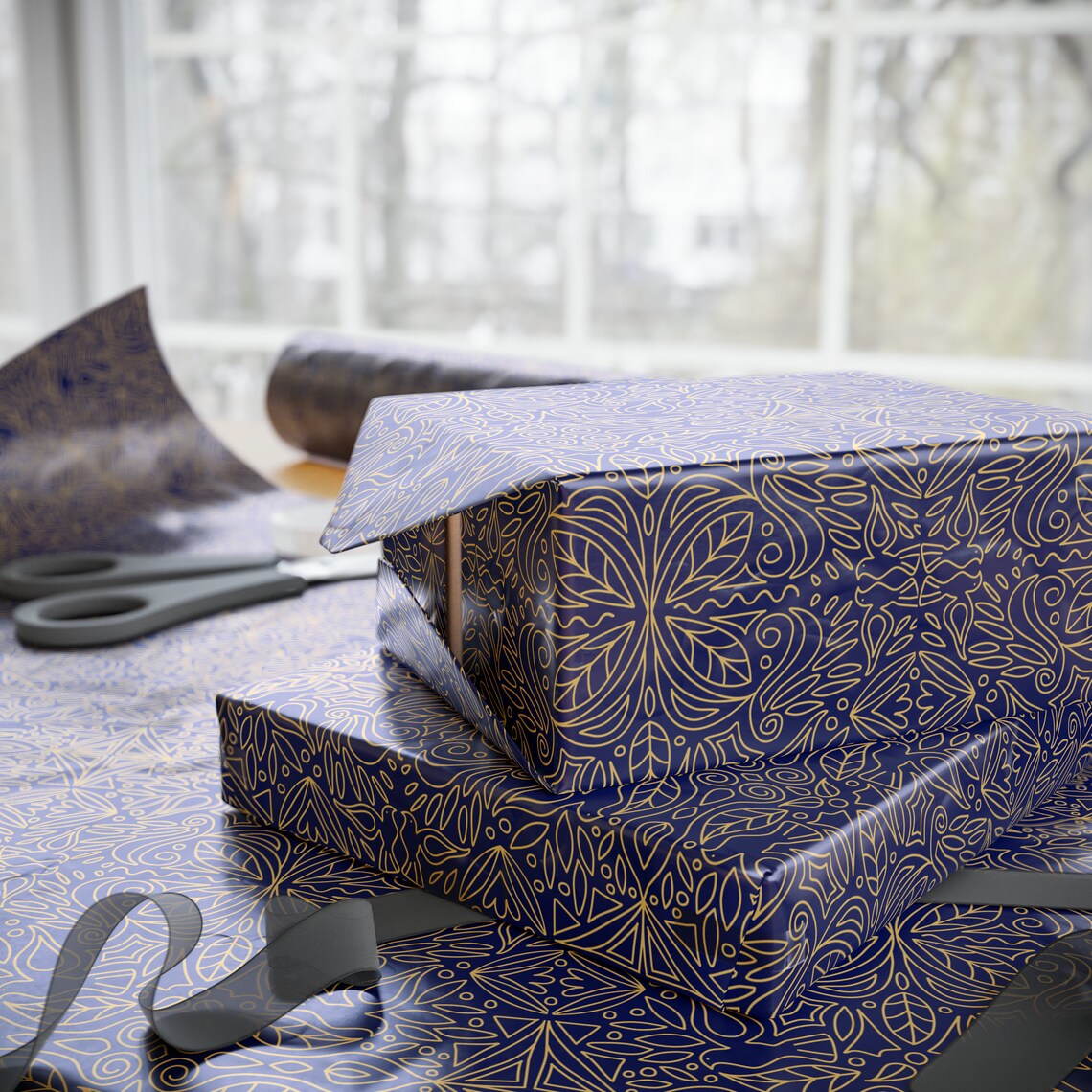 Royal Blue and Gold Romantic Scrollwork Doves and Leaves Gift Wrapping ...