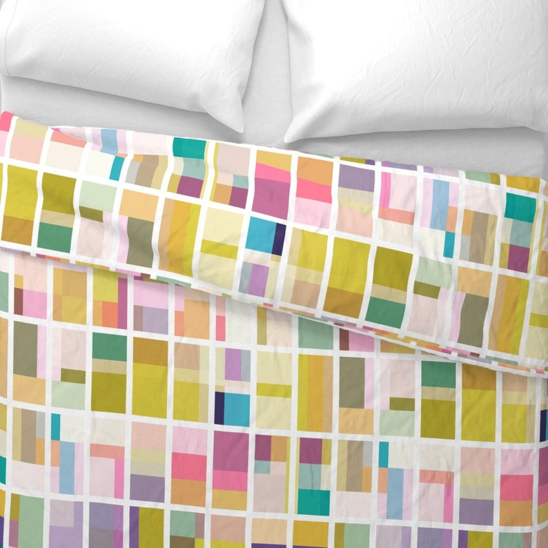 Olive Green Color Block Duvet Cover, Retro Bedding, Boho Chic, Bohemian ...