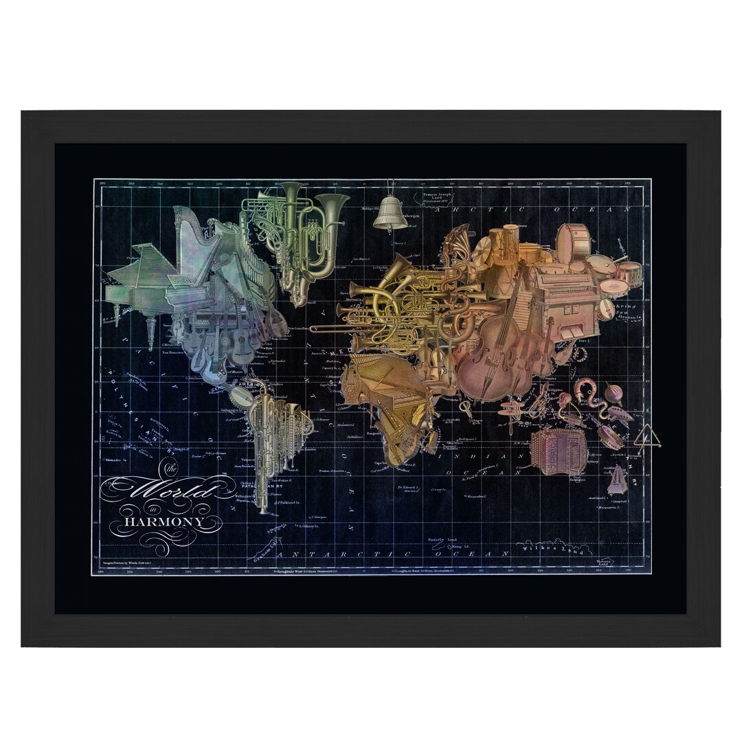 World in Harmony Vintage Map Art, Music Collage World Map Fine Art ...