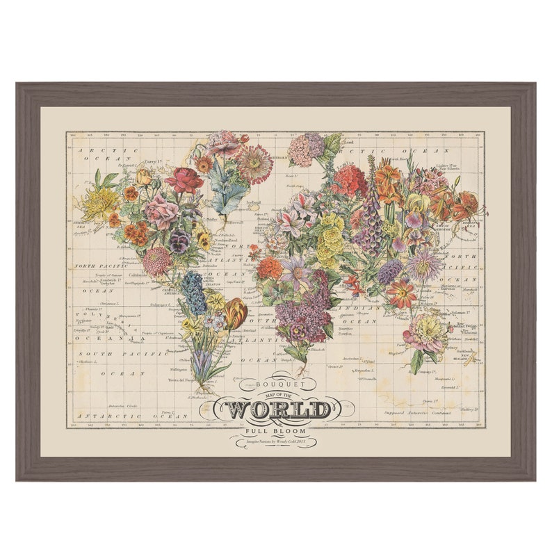 Bouquet Flowers Map of the World Collage Map Art Print - Etsy