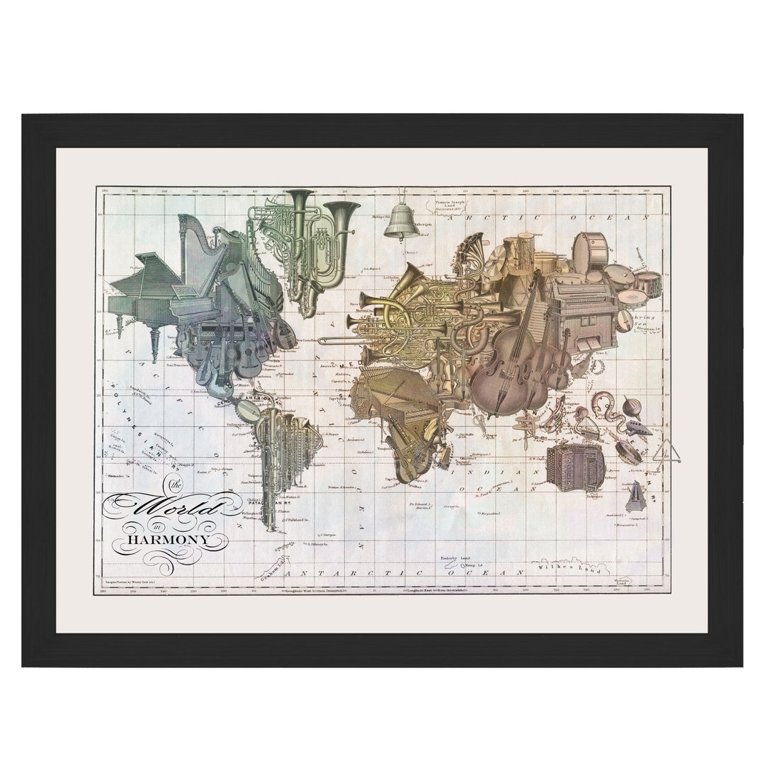 Music World Collage Map Art Print by Wendy Gold, Music Instrument Art ...