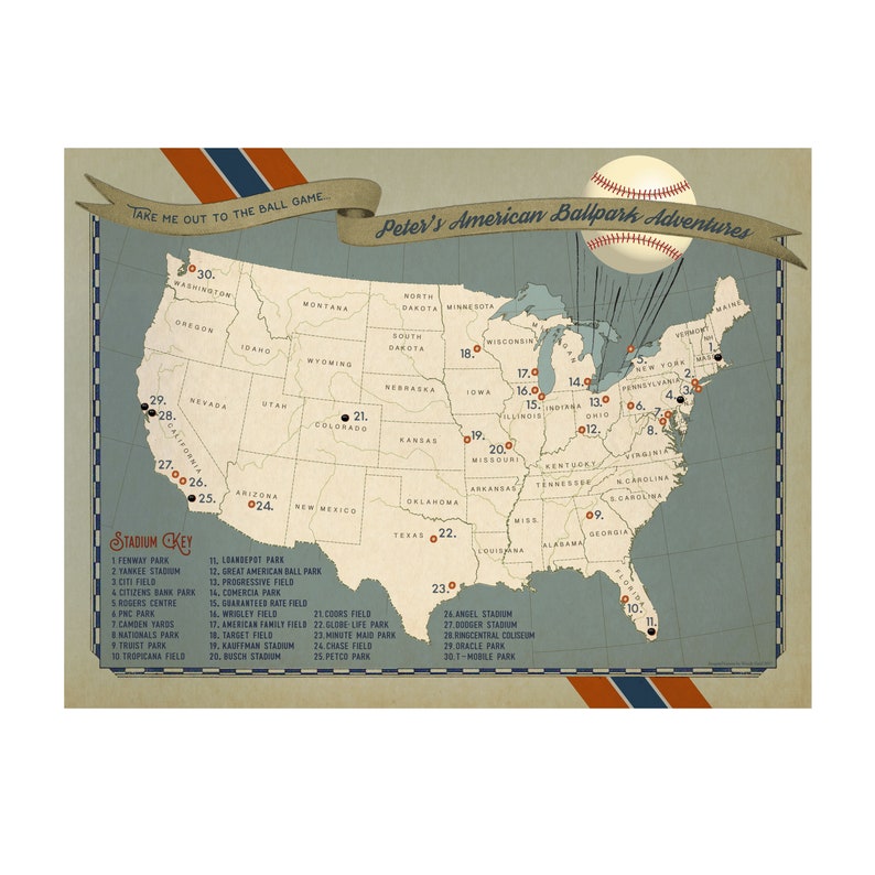 Personalized Baseball Stadium Push Pin Map: Vintage Style Ballpark ...