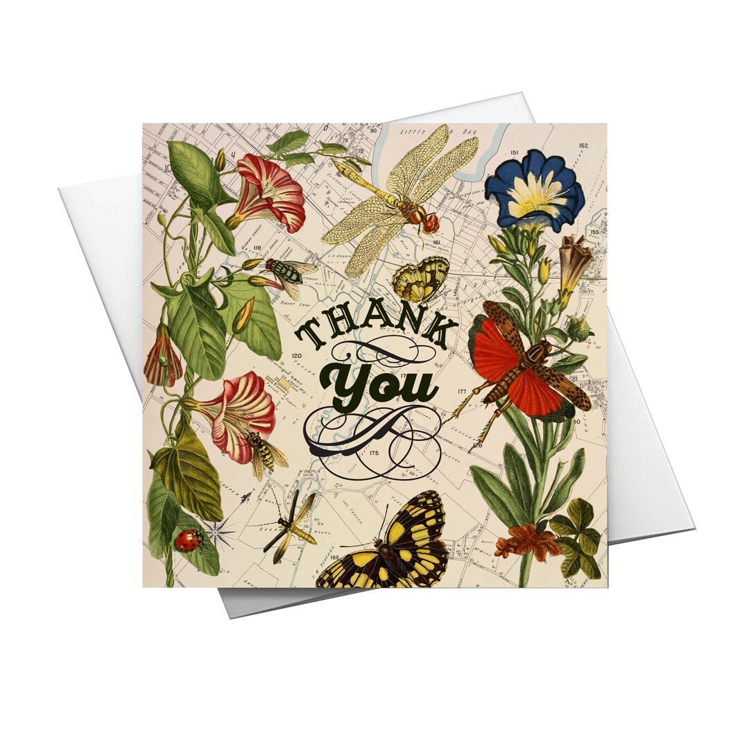 Thank You Card, Flower Map Art Thank You Card by Wendy Gold, Vintage ...