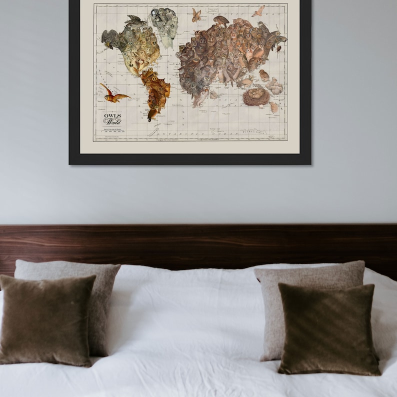Owl Map of the World Collage Map Art Print Owl Art - Etsy