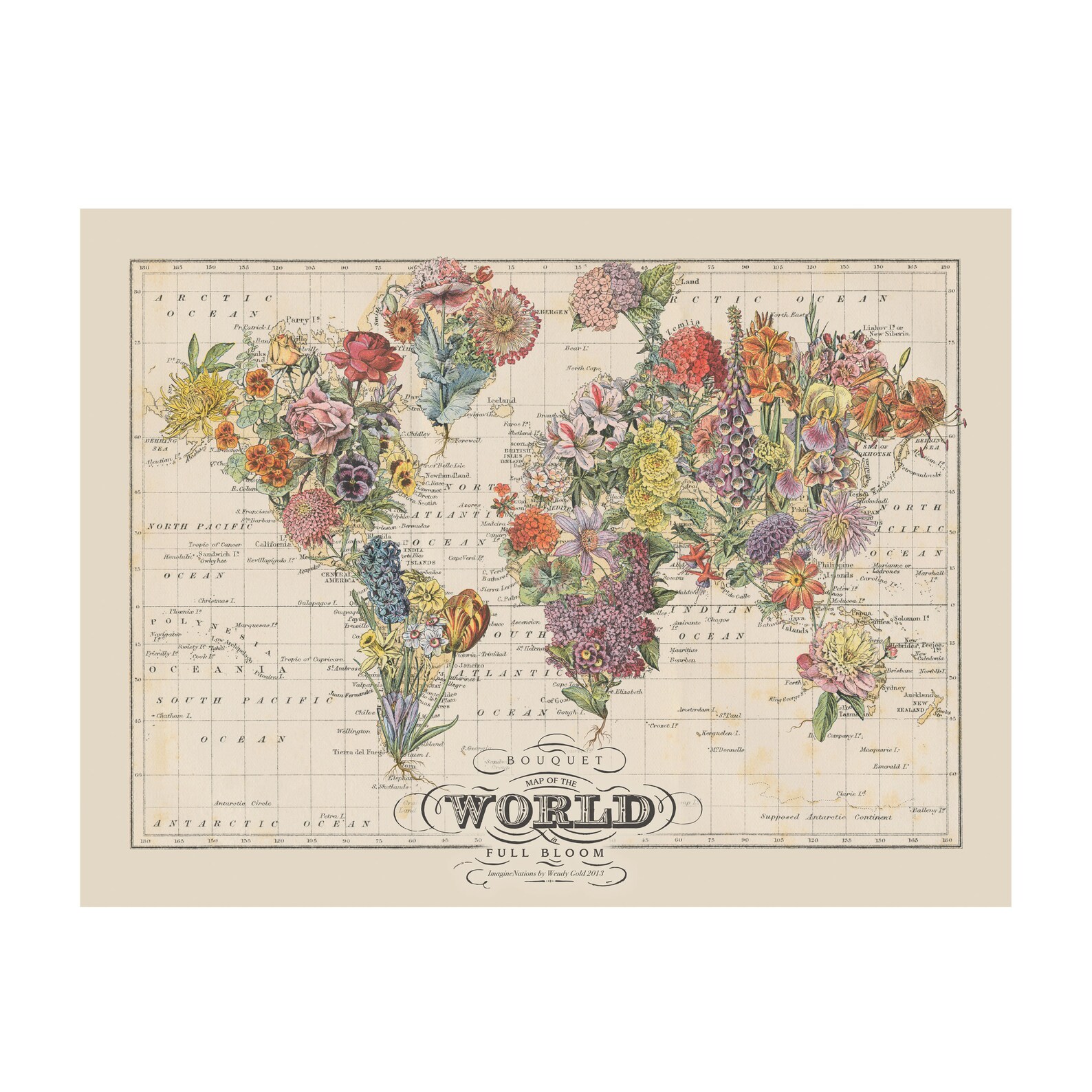 Bouquet Flowers Map of the World Collage Map Art Print - Etsy